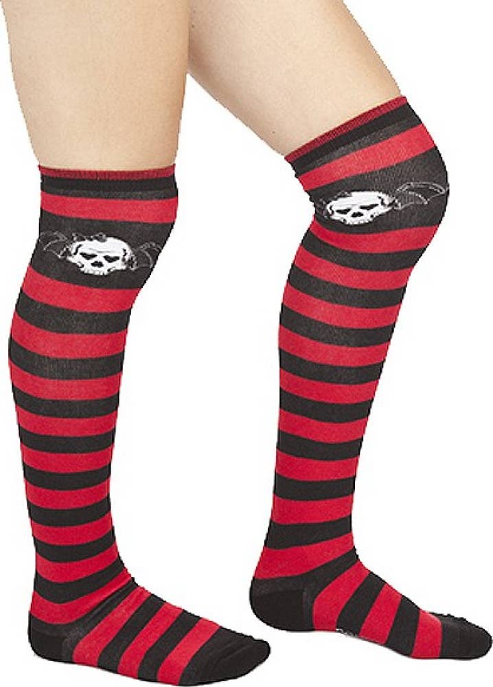 Socks - Sourpuss - Red & Black Striped Bat Skull Thigh Highs | Madam ...